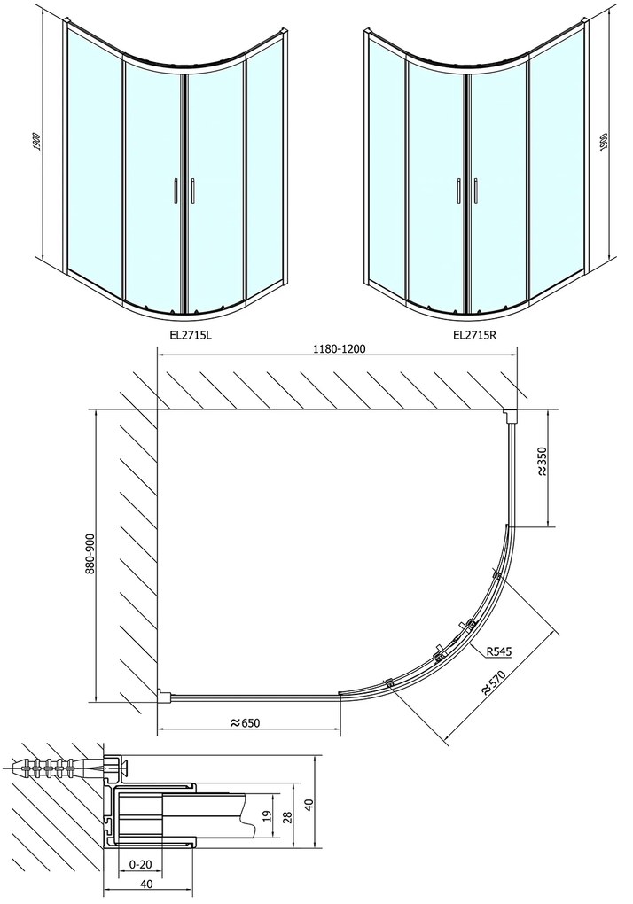 Polysan EASY LINE čtvrtkruhová sprchová zástěna 1200x900mm, L/R, čiré sklo EL2715