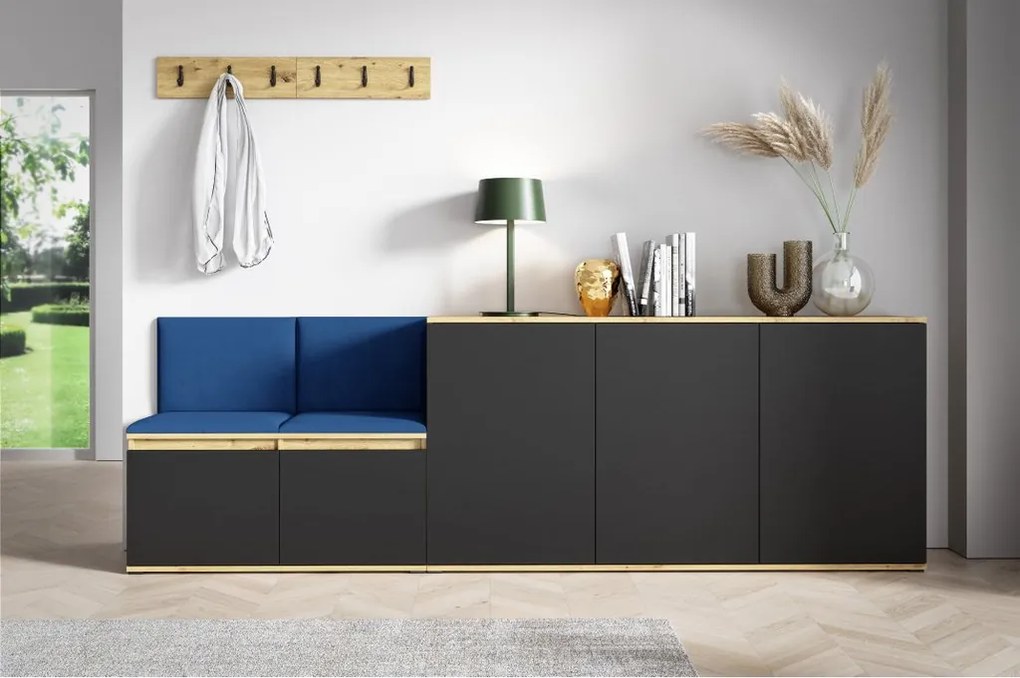 Eka Předsíňová stěna s čalouněnými panely Trinity 35 - Dub Artisan s černou / Tmavá modrá 2331