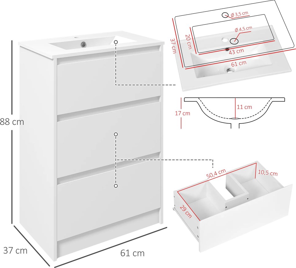 Kleankin koupelnová skříňka s umyvadlem - Umývací skříňka se syntetickým keramickým umyvadlem a 2 zásuvkami 61x37x88 cm Světlá bílá