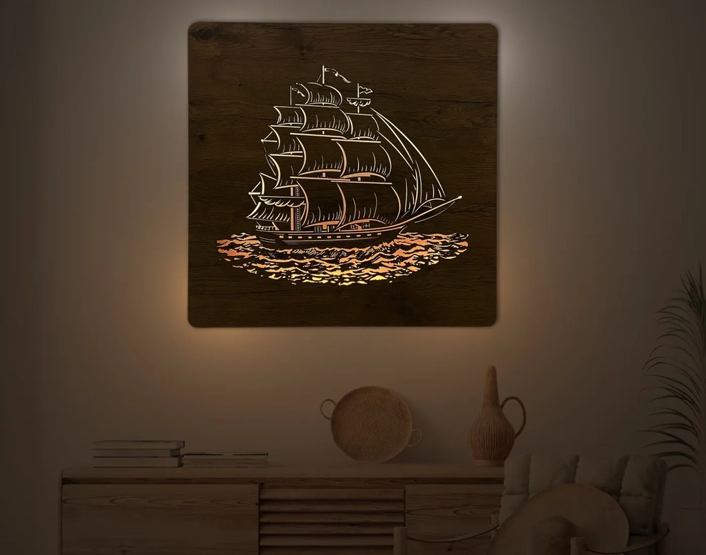 Li-Go "Plachetnice" světelný obraz s baterií 70x70cm varianta: ovládání na obraze bez dálkového ovladače, provedení: dub světlý