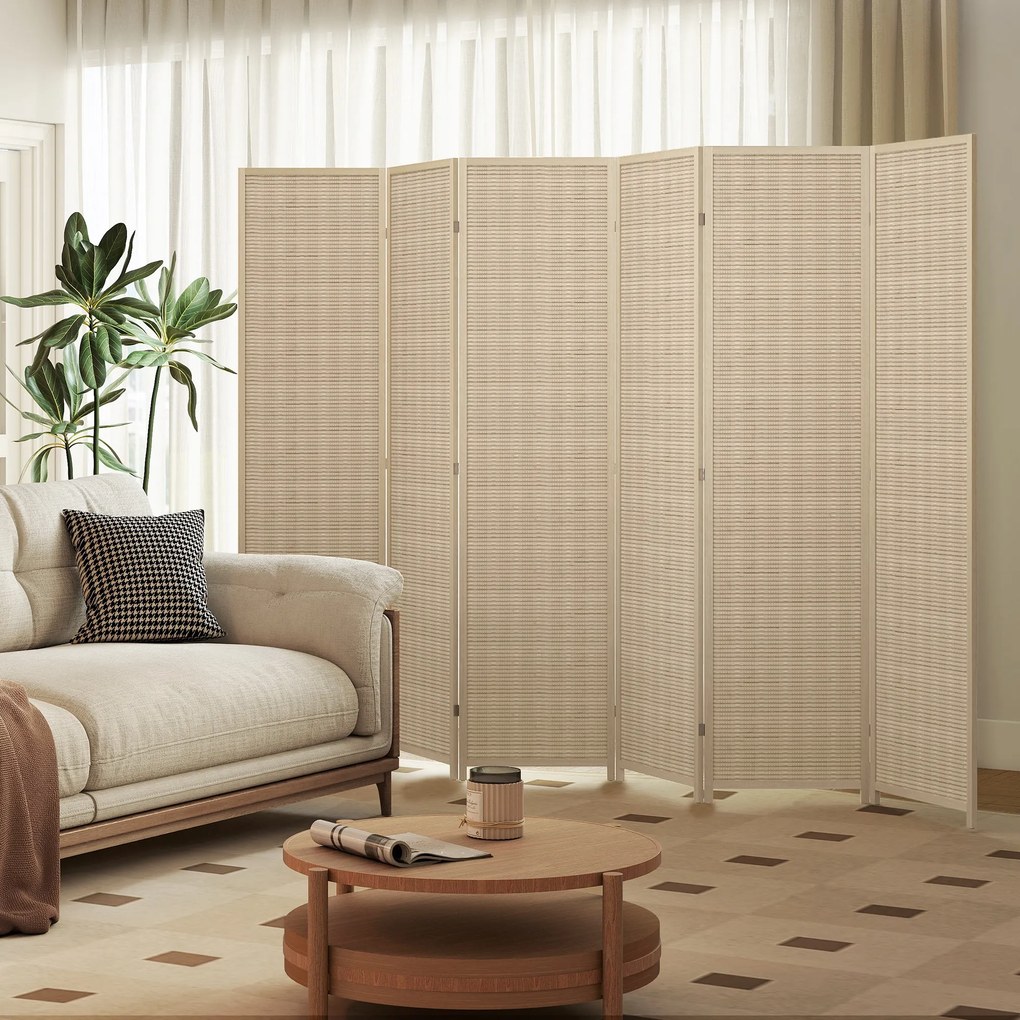 HOMCOM Dřevěný paraván, skládací dělicí stěna se 6 panely, 270 x 180 cm, přírodní dřevo