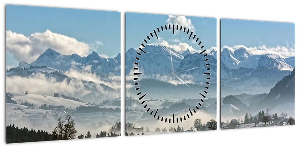 Obraz zasněžených hor (s hodinami) (90x30 cm)