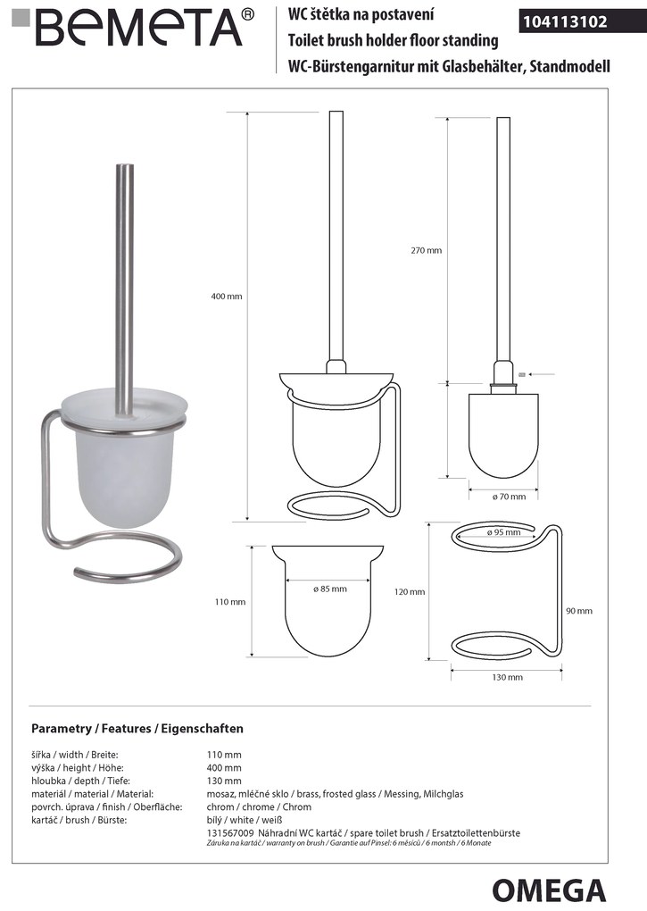 Bemeta Design OMEGA: WC štětka, na postavení, sklo -