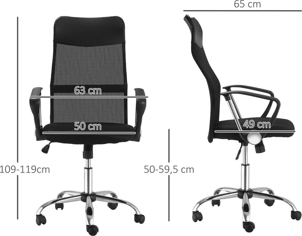 HOMCOM Ergonomická kancelářská židle, herní židle, otočná židle s houpací funkcí, výškově nastavitelné pracovní křeslo, pěna, síťovina, černá, 63 x 6…