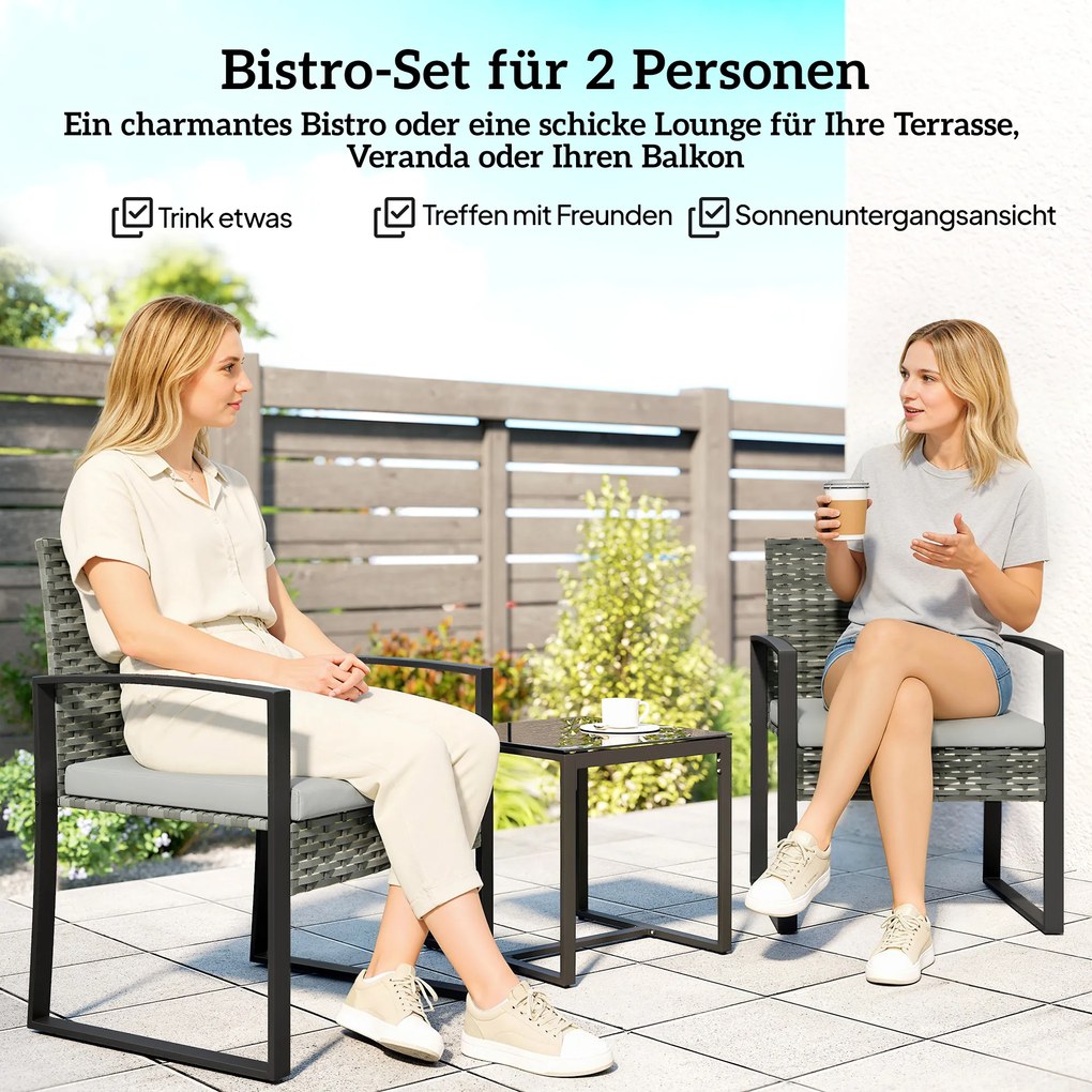 Outsunny Ratanový bistro set, 3dílná sada zahradního nábytku se 2 zahradními židlemi, konferenčním stolkem, odnímatelnými polštáři, světle šedý