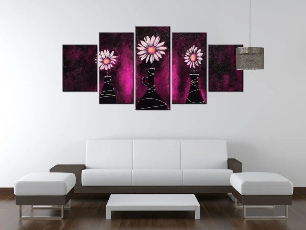 Gario Ručně malovaný obraz Kopretinové růžové trio - 5 dílný Rozměry: 100 x 70 cm