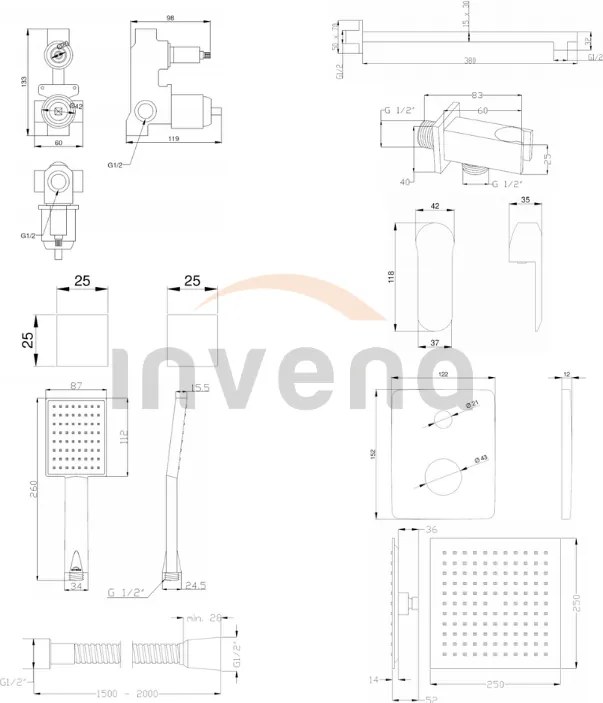 Invena Siros, podomítková sprchová sada s dešťovou hlavovou sprchovou 25x25 cm a ruční hlavicí, chromová, INV-BS-90-0K2-A