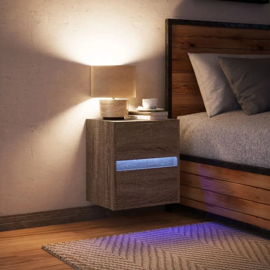 Nástěnný noční stolek s LED osvětlením hnědý dub 3307973