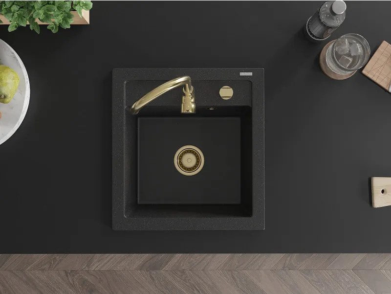 Mexen Vito, granitový dřez 520x490x210 mm, 1-komorový, černá-stříbrná metalíza se zlatým sifonem, 6503521000-73-G