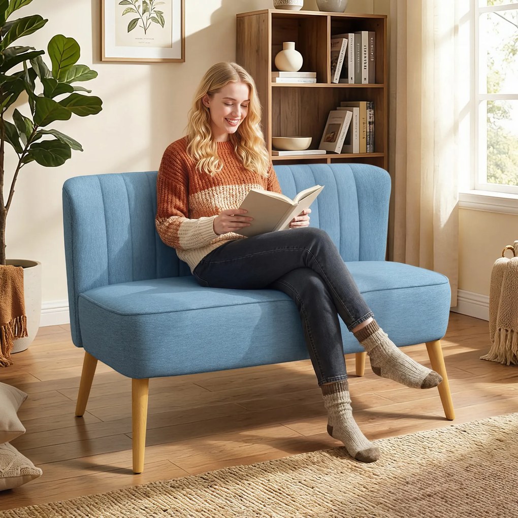 HOMCOM 2místná pohovka loveseat se vzhledem lnu, dvojsedák s dřevěnými nohami, nosnost do 150 kg, modrá, 117x56,5x77 cm do obývacího pokoje | Aosom.de