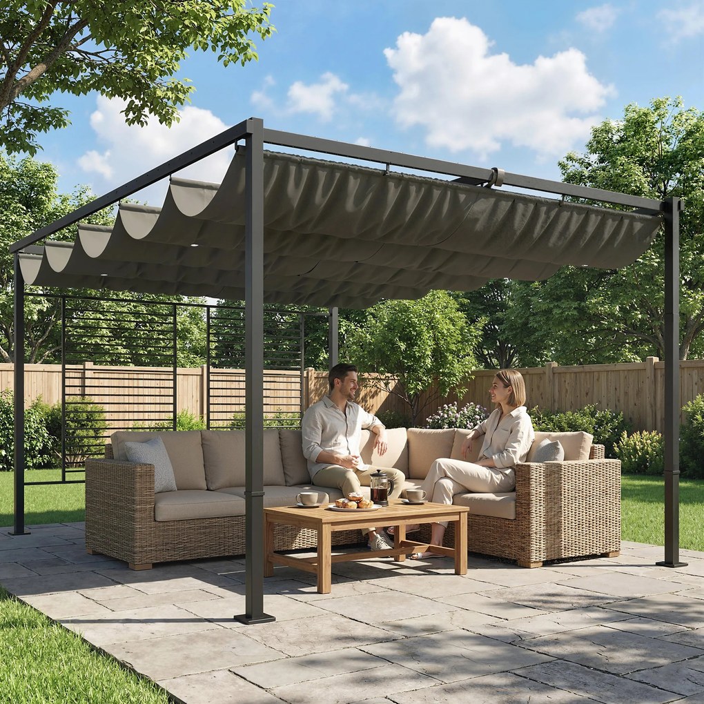 Pergola 3,87 x 2,97 m s posuvnou střechou, 2 zástěny na ochranu soukromí, UV 50+ tmavě šedá