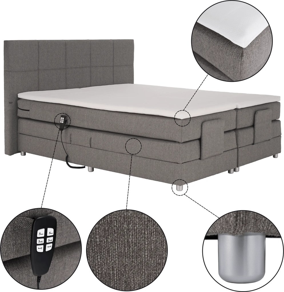 Elektrická polohovací postel, boxspring, šedá, 160x200, MURKO NEW