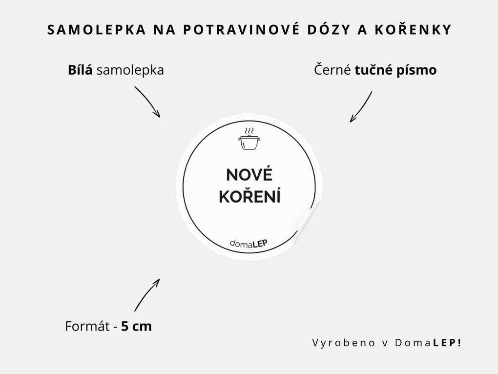 NOVÉ KOŘENÍ - omyvatelná samolepka na kořenky, výběr rozměrů Ø 5 cm / 5 x 5 cm / 6 x 8 cm | DomaLEP tvar: KOLEČKO, barva: BÍLÁ - ČERNÉ písmo, velikost: Ø 5 cm - základní písmo