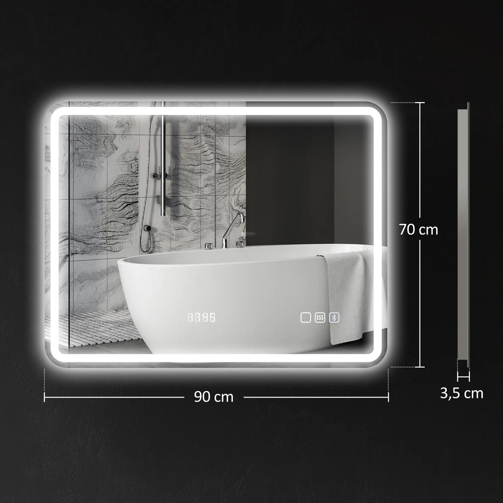 HOMCOM Koupelnové zrcadlo s LED osvětlením, protimlžnou podložkou, 3 nastavitelné barvy, hodiny, 700 x 900 mm, stříbrná barva