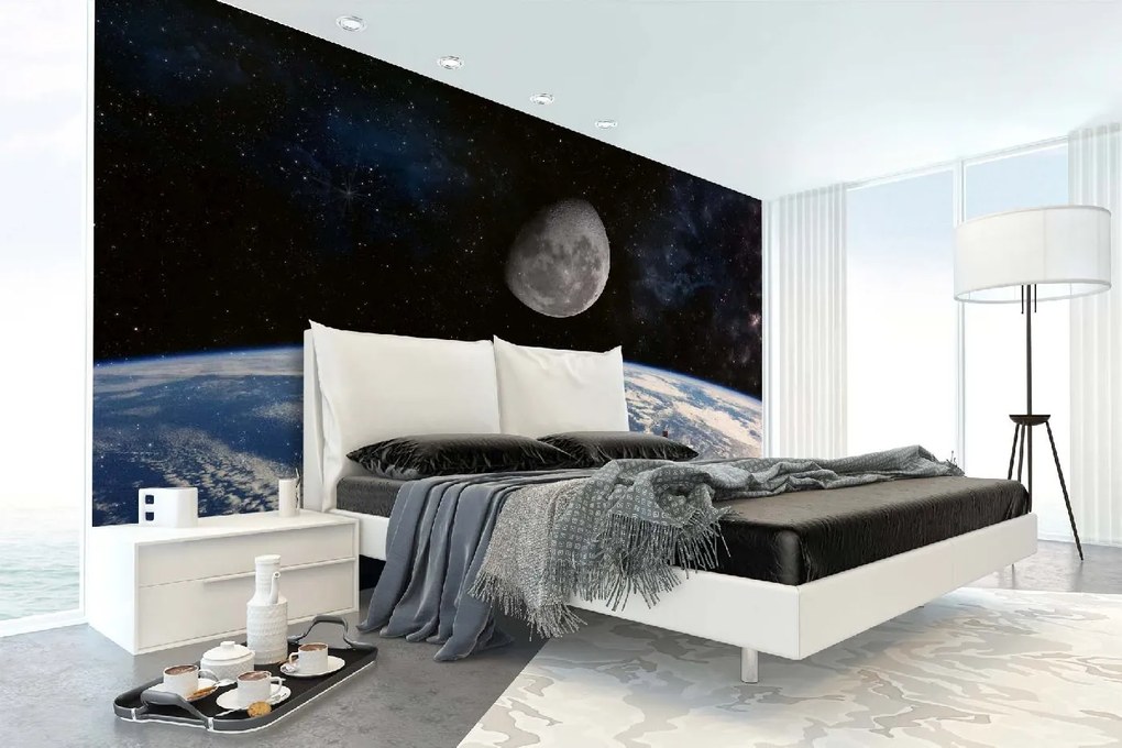 DIMEX | Samolepicí vliesová fototapeta na zeď Země a měsíc MA-5-2247 | 375 x 250 cm | modrá, bílá, černá, šedá