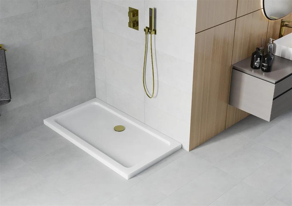 Mexen SLIM - Obdélníková sprchová vanička 130x70x5cm + zlatý sifon, bílá, 40107013G