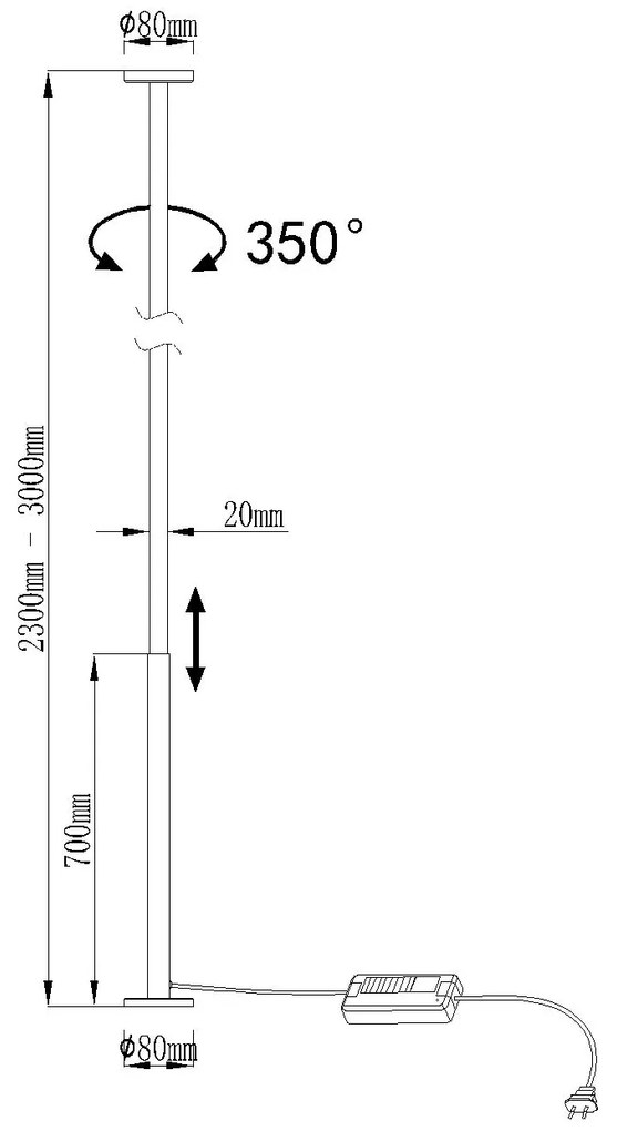Mantra Vertical, stmívatelná černá stojací lampa, LED 40W 2400lm 3000K, výška 265-300cm