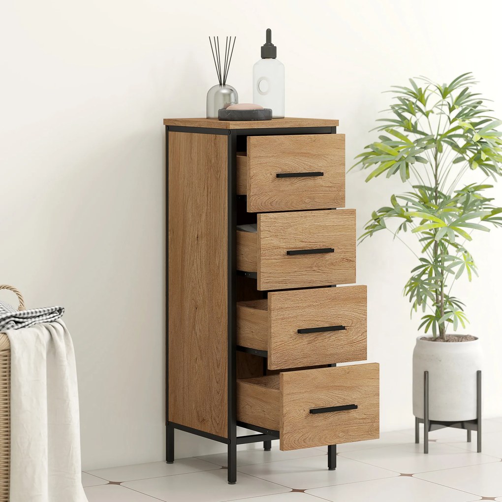 HOMCOM Koupelnová skříňka, 4 zásuvky, kompaktní, průmyslový styl, dřevotříska, kov