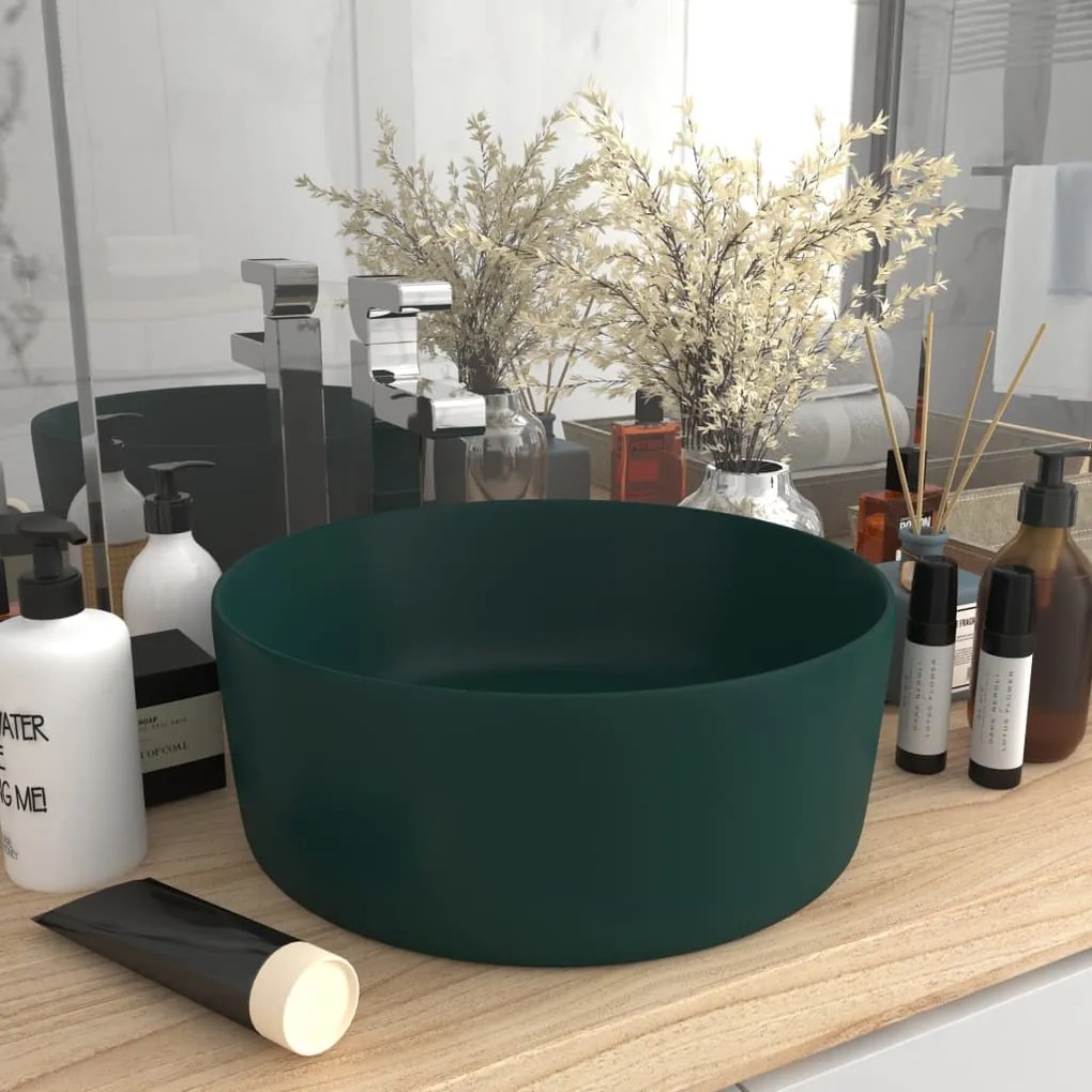 Luxusní umyvadlo kulaté matné tmavě zelené 40 x 15 cm keramické 147014