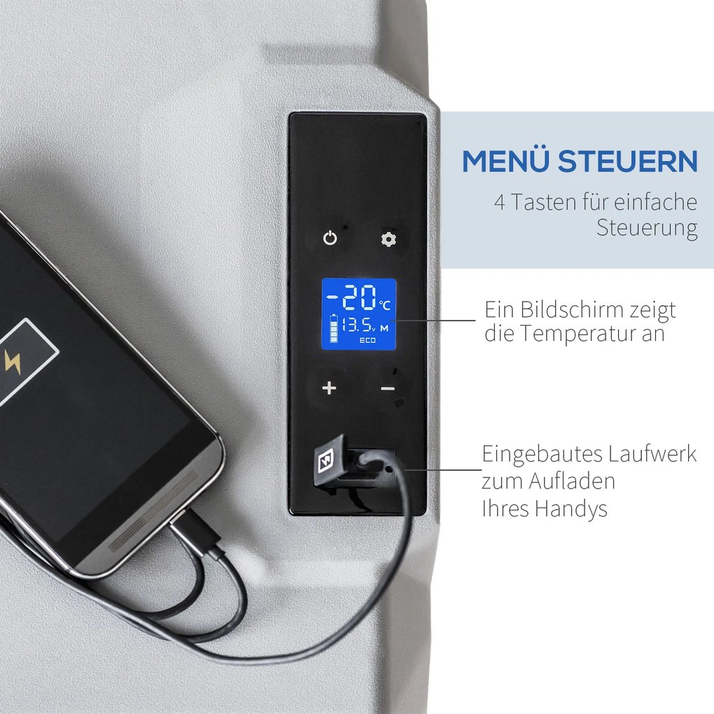 HOMCOM Autochladnička 50L elektrická autochladnička s kompresorem pro kempování a cestování 12/24V DC a 110-240V AC v šedé barvě |