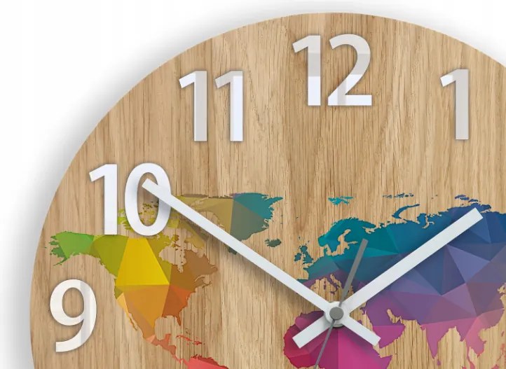 M.Clock Barevné nástěnné dřevěné hodiny mapa světa 33,5cm hnědé