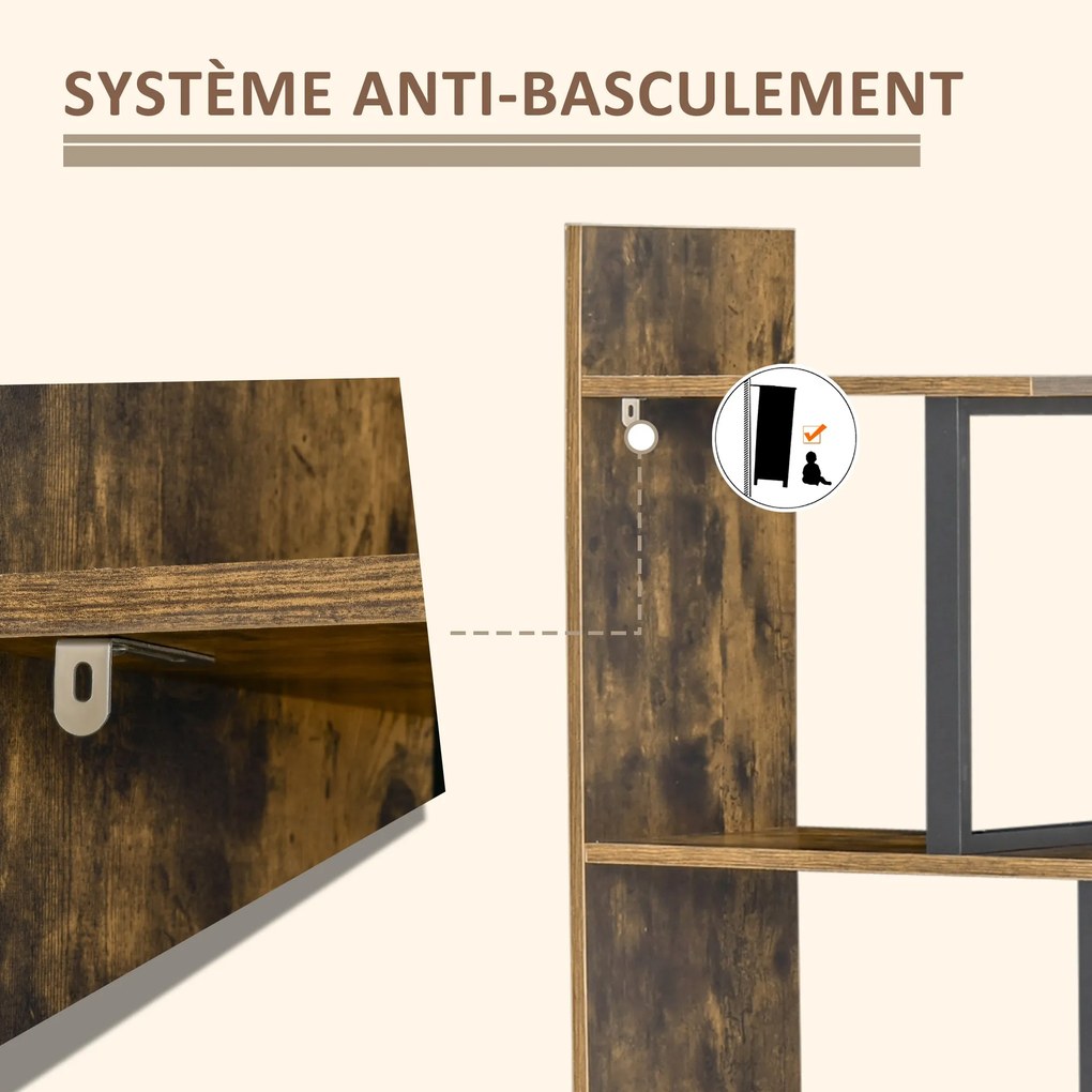 HOMCOM Knihařský regál s 5 policemi ve stylu industriálního schodiště 102 x 30 x 160 cm Rustikální hnědá