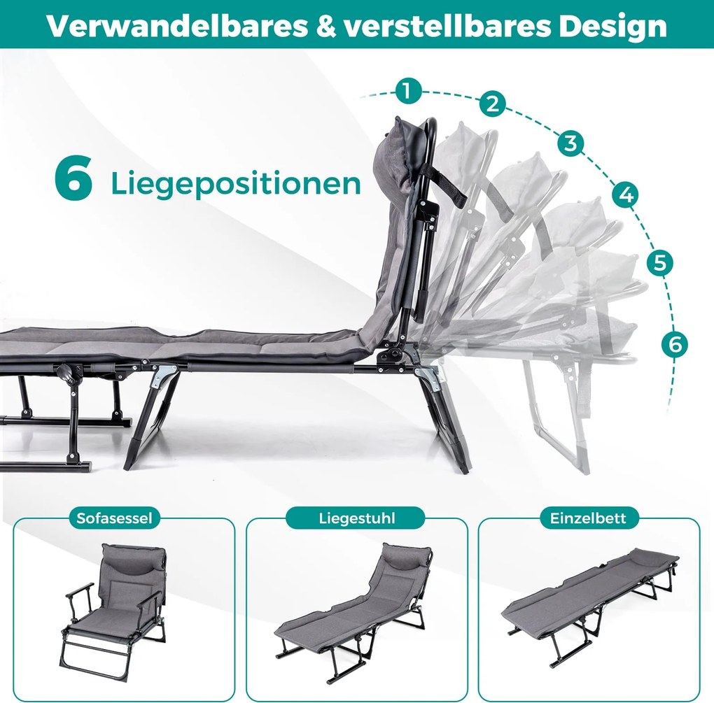 Costway 3 in 1 Zahradní lehátko s opěrkou hlavy a – 180 × 67,5 × 37 cm