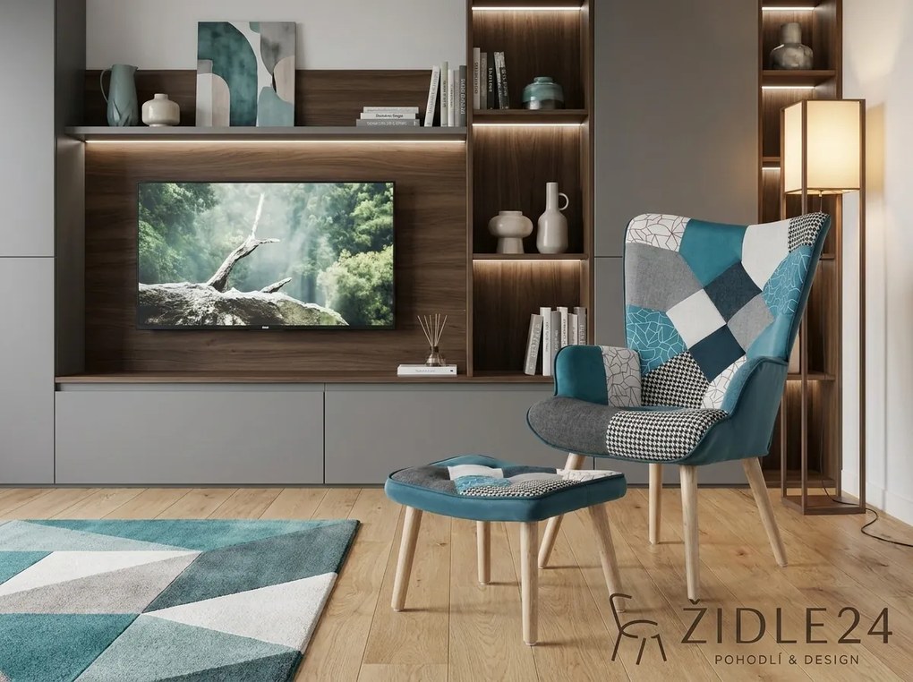 Relaxační křeslo ušák s podnožkou LYRO - modrá patchwork látka