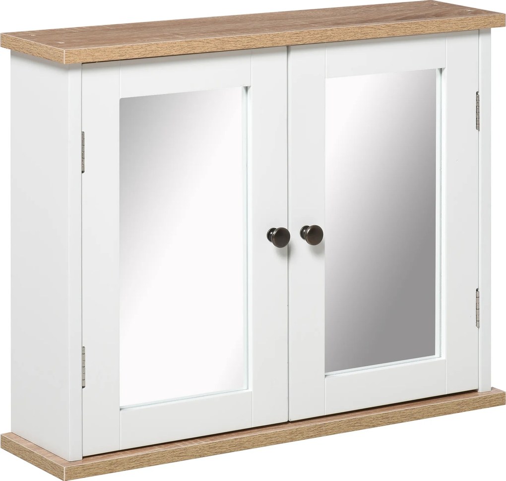 Nástěnný koupelnový kabinet kleankin se zrcadlem 2 úrovně s 1 nastavitelnou policí a 2 dřevěnými dveřmi - rozměr 56 š x 14 h x 46 v cm