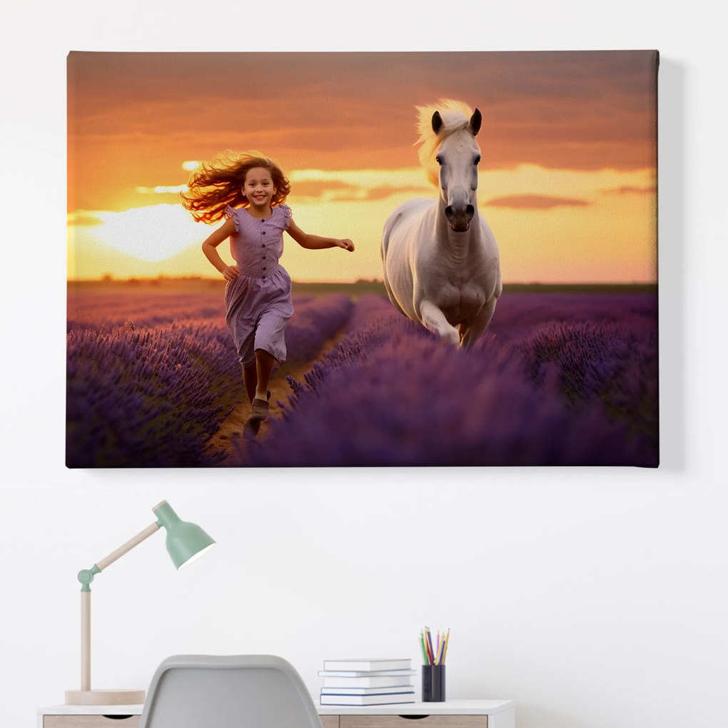 Obraz na plátně - Levandulové přátelství, kůň Whisper a mladá dívka FeelHappy.cz Velikost obrazu: 90 x 60 cm