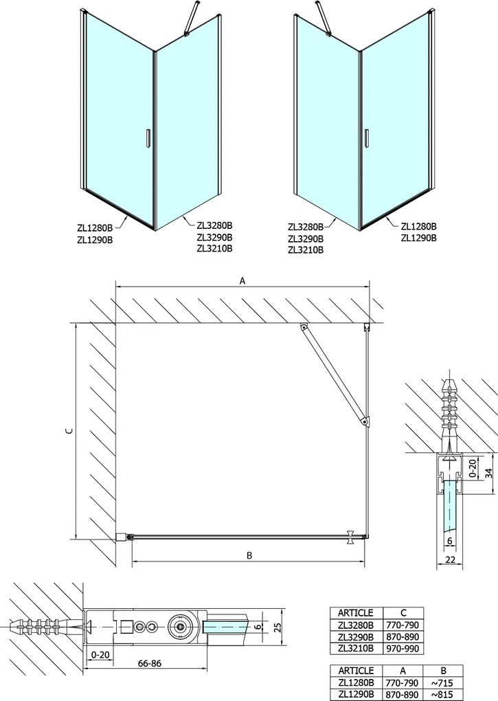 Polysan, ZOOM LINE BLACK sprchová boční stěna 900mm, čiré sklo, ZL3290B