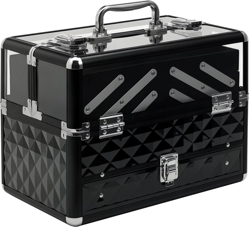 HOMCOM Organizér na make-up a šperky, přenosný, víceúrovňový s rukojetí a skládacími přihrádkami, hliníková slitina, 30x18,5x22 cm, průhledný a černý