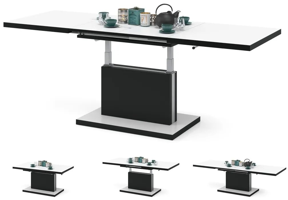 Mazzoni PRESTIGE ASTON bílý černý, rozkládací, zvedací konferenční stůl, stolek, černobílý