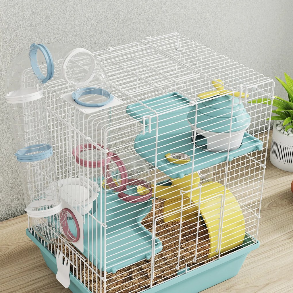 PawHut 3patrová klec pro křečky s kolem, tunely, úkrytem a miskou — pro zakrslé křečky a pískomily, 34,5 × 27,5 × 41 cm, modrá