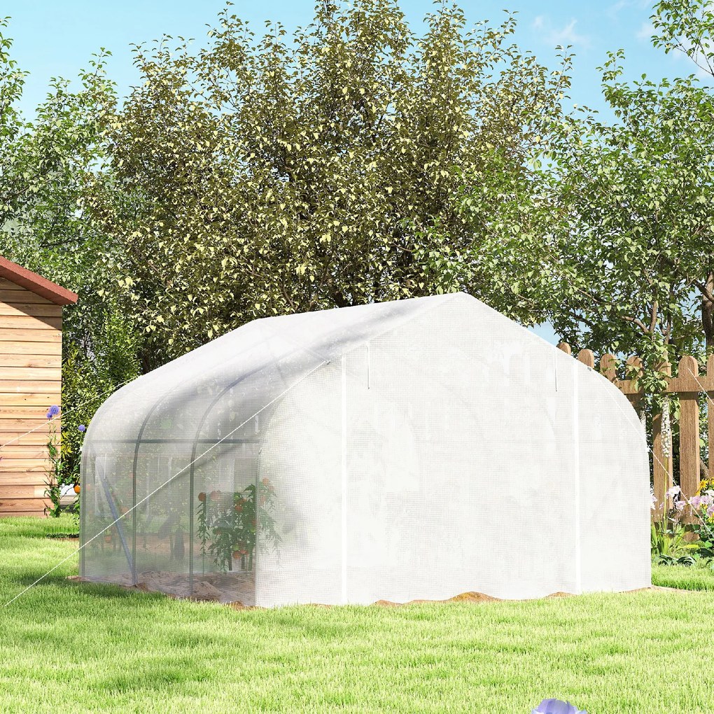 Fóliový skleník Outsunny 4,45x2,99x2,05 m, ochrana proti UV záření, okno ze síťoviny, větruvzdorný, kovový, bílý