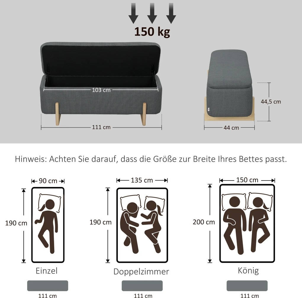 HOMCOM Stolička s úložným prostorem, sedací lavice s pěnovým polstrováním, imitace lnu, 111 x 44,5 cm, tmavě šedá