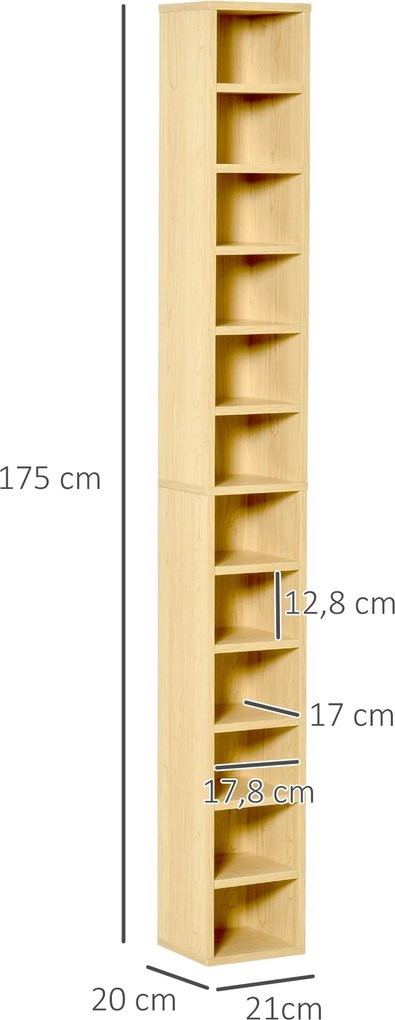 HOMCOM Úložný sloupec na CD a DVD, regál se 12 přihrádkami, kapacita max. 204 CD, 21 x 20 x 175 cm, přírodní dřevo