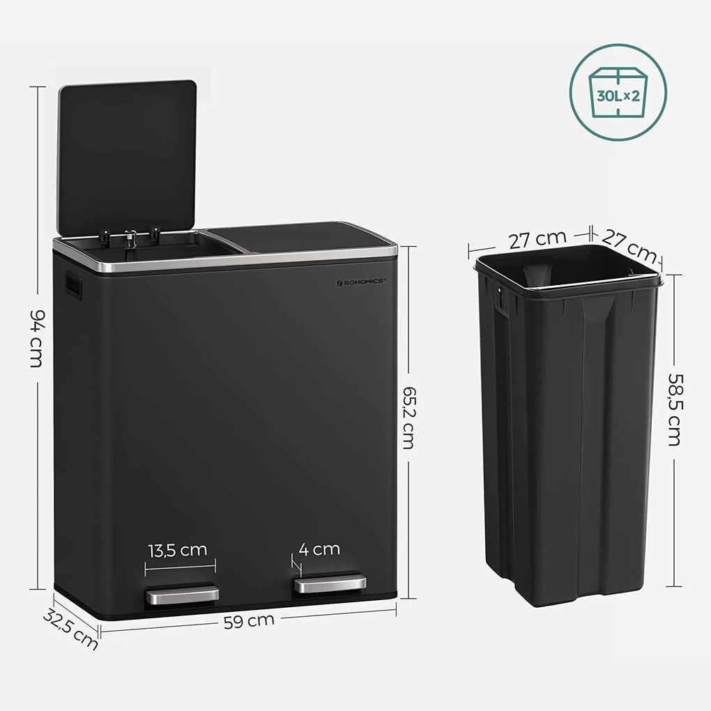 Vzduchotěsný kovový pedálový dvojitý odpadkový koš 2 x 30l, s 15 pytli na odpadky, černý