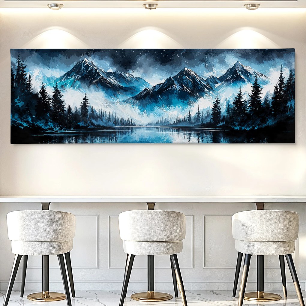 Obraz na plátně - Horské štíty vykukují z mlhy nad jezerem FeelHappy.cz Velikost obrazu (šířka x výška): 180 x 60 cm