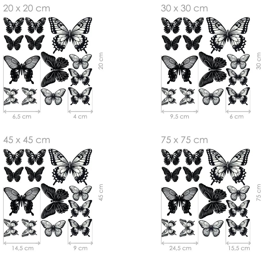 Motýli černí 13 ks textilní přelepitelné samolepky na zeď arch 100 x 100 cm