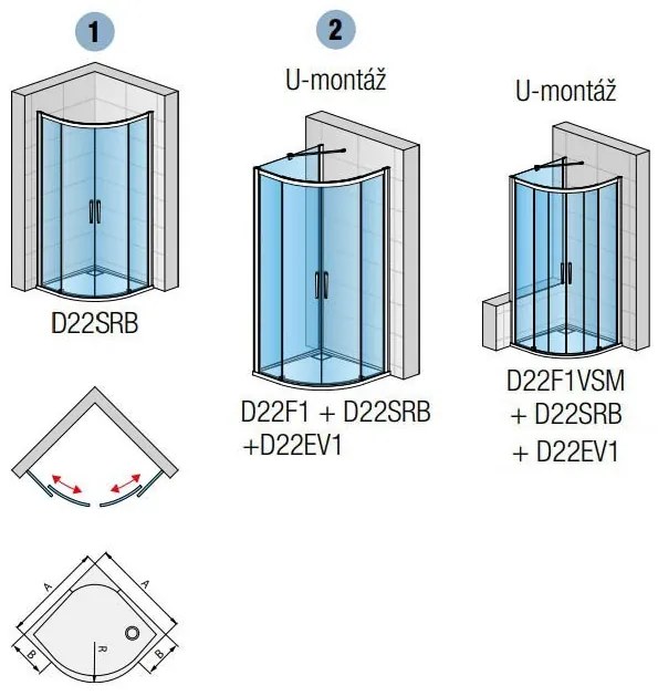 Ronal (Sanswiss) Ronal, DIVERA čtvrtkruh s dvoudílnými posuvnými dveřmi D22SRB Šířka: 90 cm, Sklo: 87 Screen