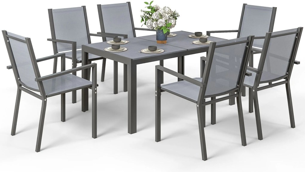 Outsunny Sada zahradního nábytku pro 6 osob, venkovní lounge set, ocelové rámy, stohovatelné židle, vysoké opěrky hlavy, šedá | Aosom