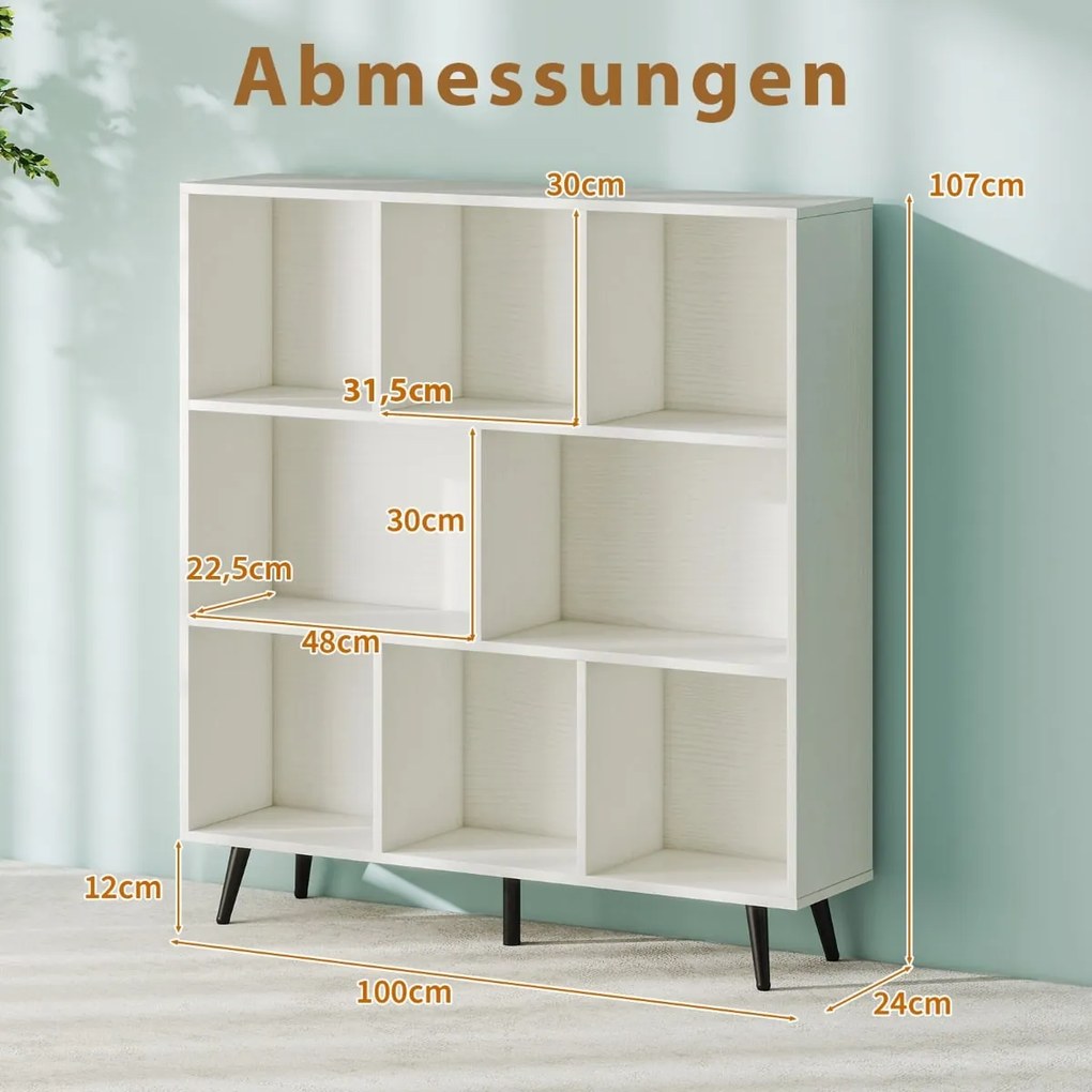 Costway Knihovna s přihrádkami, stojací police s 3 úrovněmi