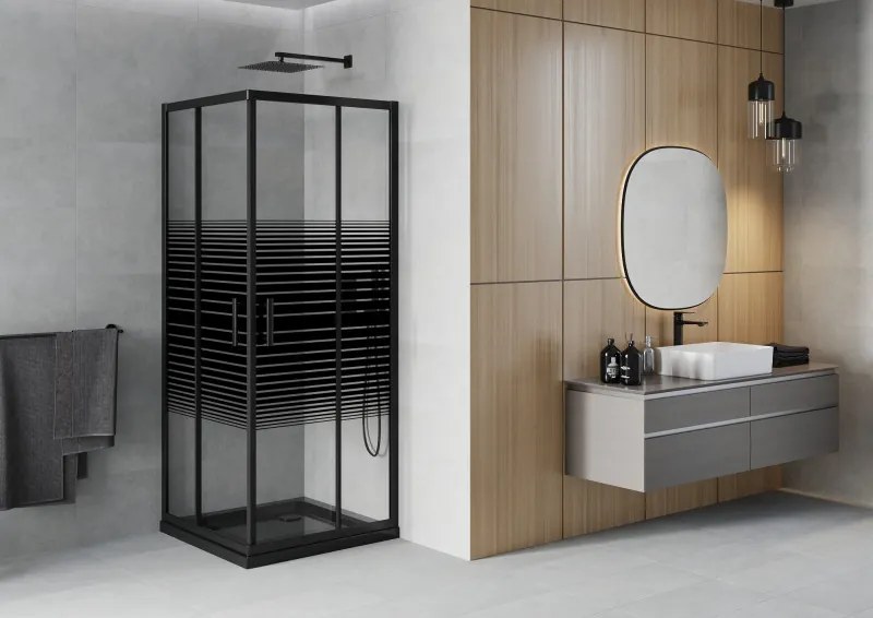 Mexen Rio, čtvercový sprchový kout 80(dveře)x80(dveře)x190 cm, 5mm čiré sklo-vzor pásky, černý profil + černá sprchová vanička SLIM, 860-080-080-70-20-4070B