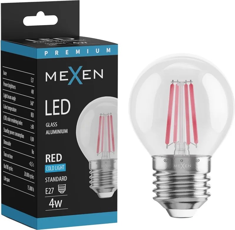 Mexen Vintis, LED filamentová žárovka E27, G45, 4 W, červená, čirá, L156-E27-04XX-45