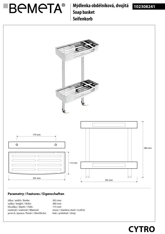 Bemeta Design CYTRO: Polička, do sprchy, dvojitá, lesk -