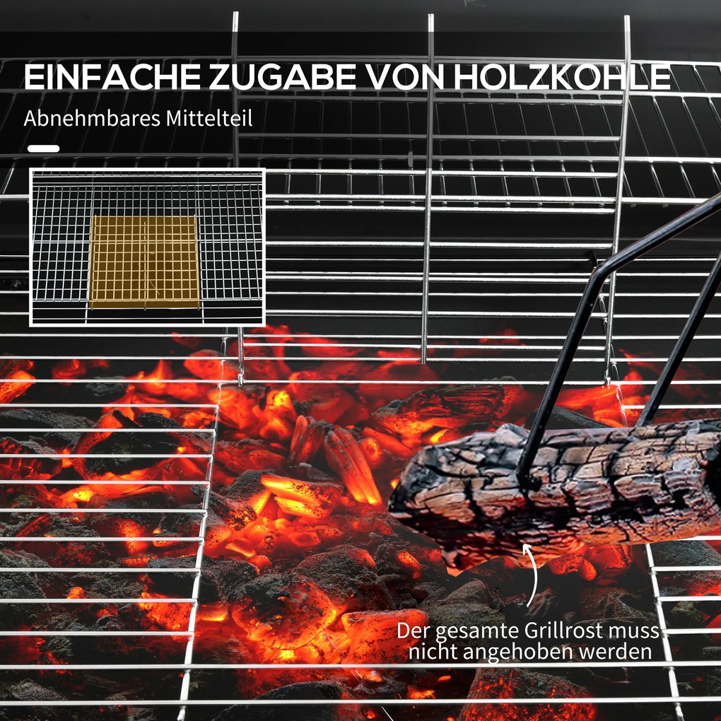 Kovový gril na dřevěné uhlí BBQ udírna s víkem Teploměr Kolečka Grilovací vozík 95x71,5x102 cm Černá barva