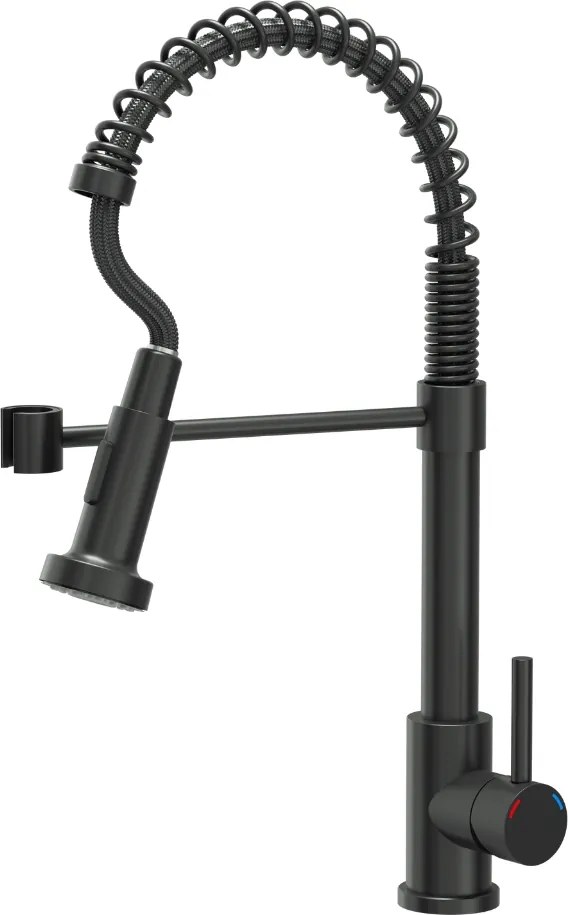 Kuchyňská dřezová baterie QUADRON SALMA NEW s pružinovou hadicí a sprchou v barvě černá matná