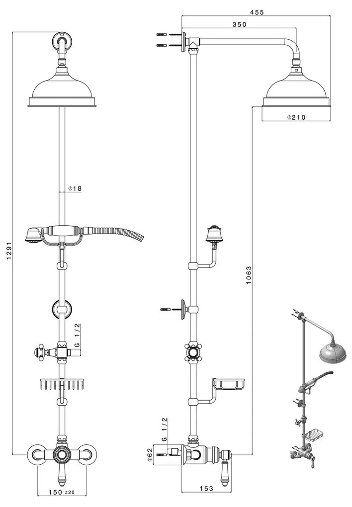 Sapho VIENNA sprchový sloup s pákovou baterií, mýdlenka, 1291mm, bronz - VO138BR