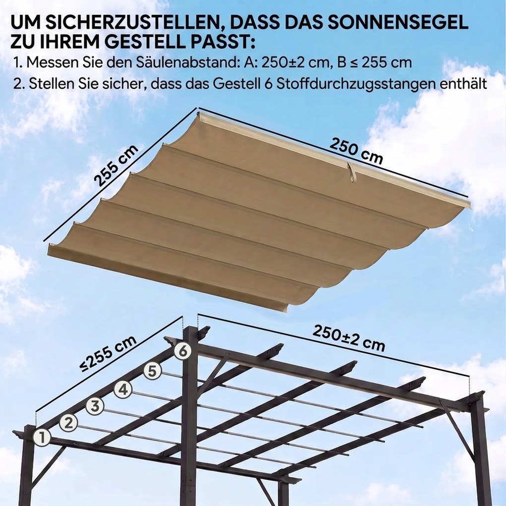Outsunny Náhradní střecha pro 3 x 3 m pergolu, zasouvací, s odtokovými otvory pro déšť, odolná vůči počasí, polyester, 250 x 255 cm hnědá
